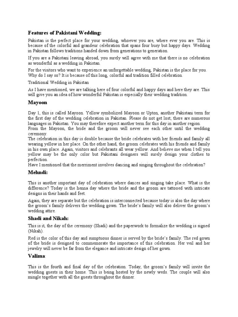 Essay On "Feature of Pakistani Wedding" | PDF | Wedding | Bride