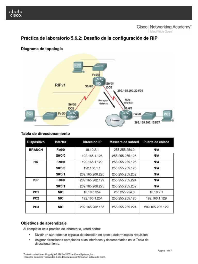 1701424 Diego Ardila Práctica de Laboratorio 5.6.2 Desafío de La Configuración de RIP | PDF ...
