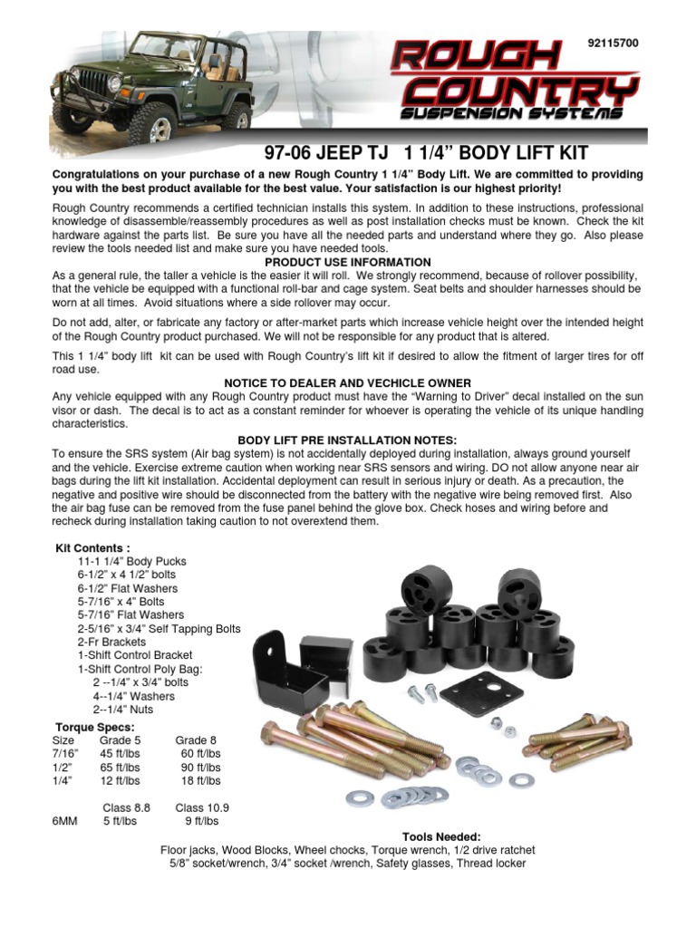 97-06 JEEP TJ Body Lift Kit Installation Guide | PDF | Screw | Land ...