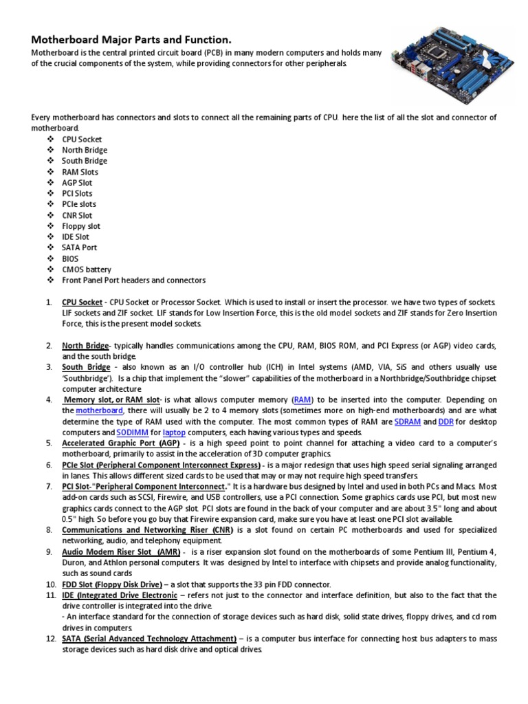 Motherboard Major Parts and Function | PDF | Bios | Ibm Pc Compatibles