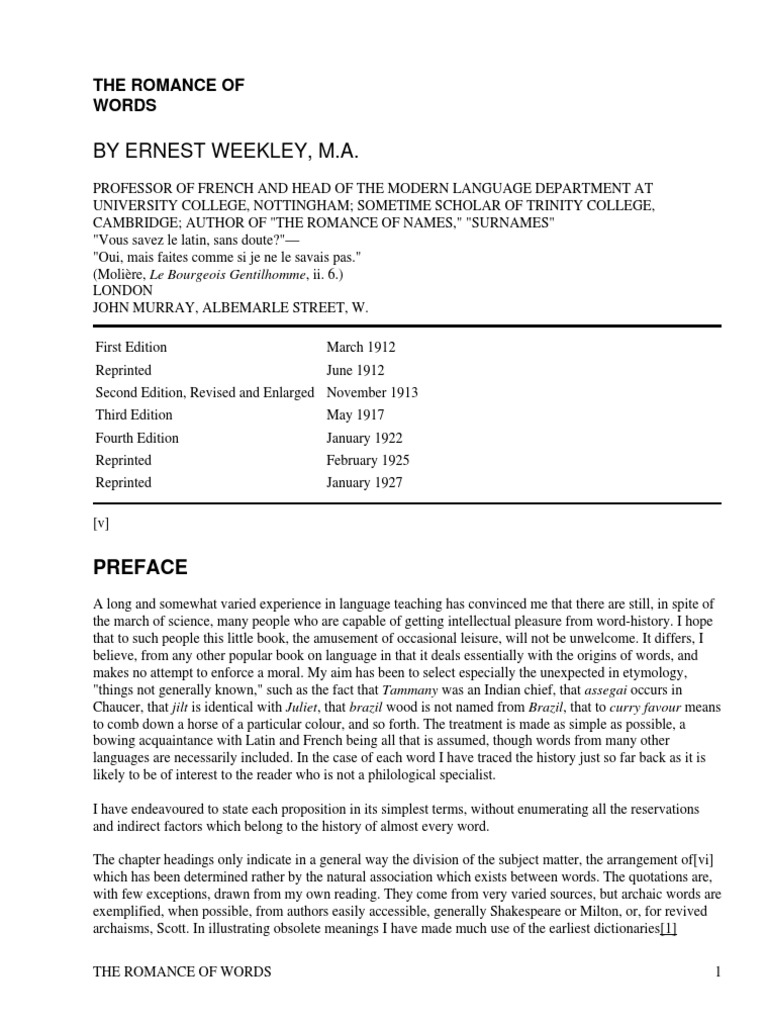 The Romance of Words (4th Ed.) by Weekley, Ernest, 1865-1954 | PDF ...