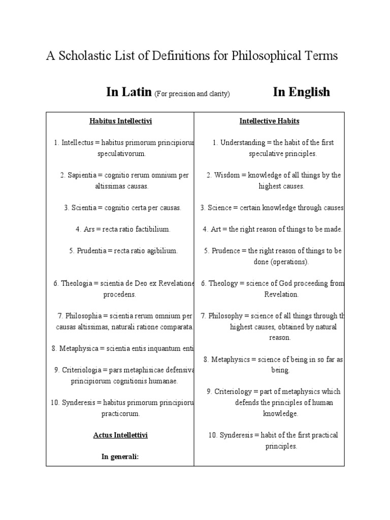 Scholastic List of Definitions | PDF | Prudence | Truth
