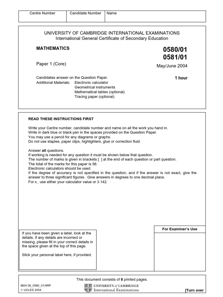 IGCSE MATHS 580 - 2004 - QP - 1 | PDF | Significant Figures | Teaching ...
