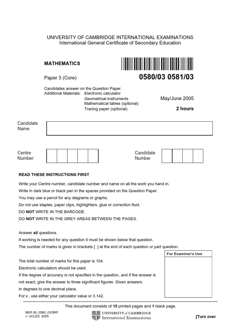 IGCSE MATHS 580 - 2005 - QP - 3 | PDF | Fahrenheit | Teaching Mathematics