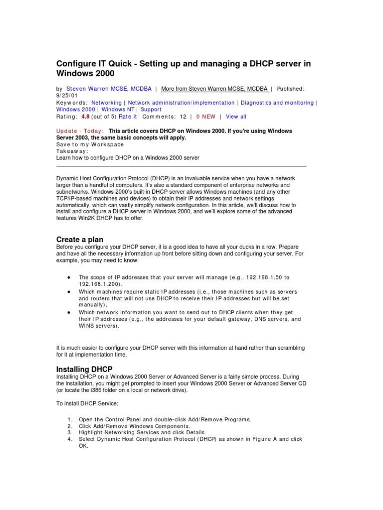 Installing DHCP Server | PDF | Ip Address | Windows 2000