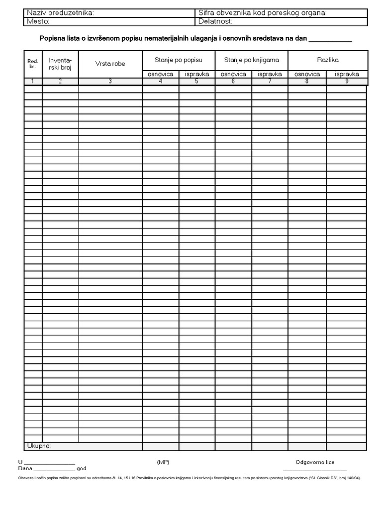 01 Popisna Lista Nematerijalnih Ulaganja I Osnovnih Sredstava | PDF