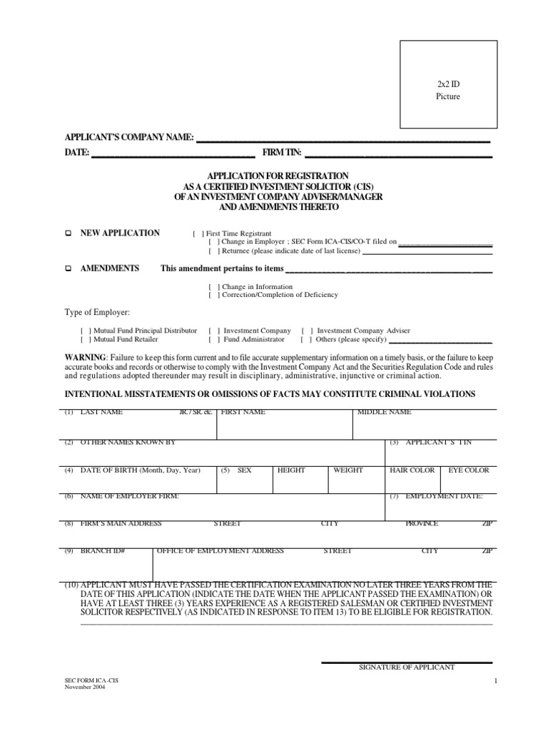 SEC Form ICA-CIS | PDF | Bankruptcy | Identity Document