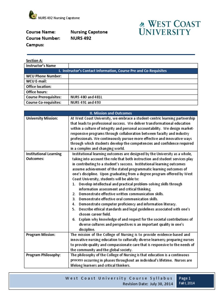 WCU NURS 492 - Nursing Capstone - 2014fall - I - 8-4-14 | PDF | Nursing ...