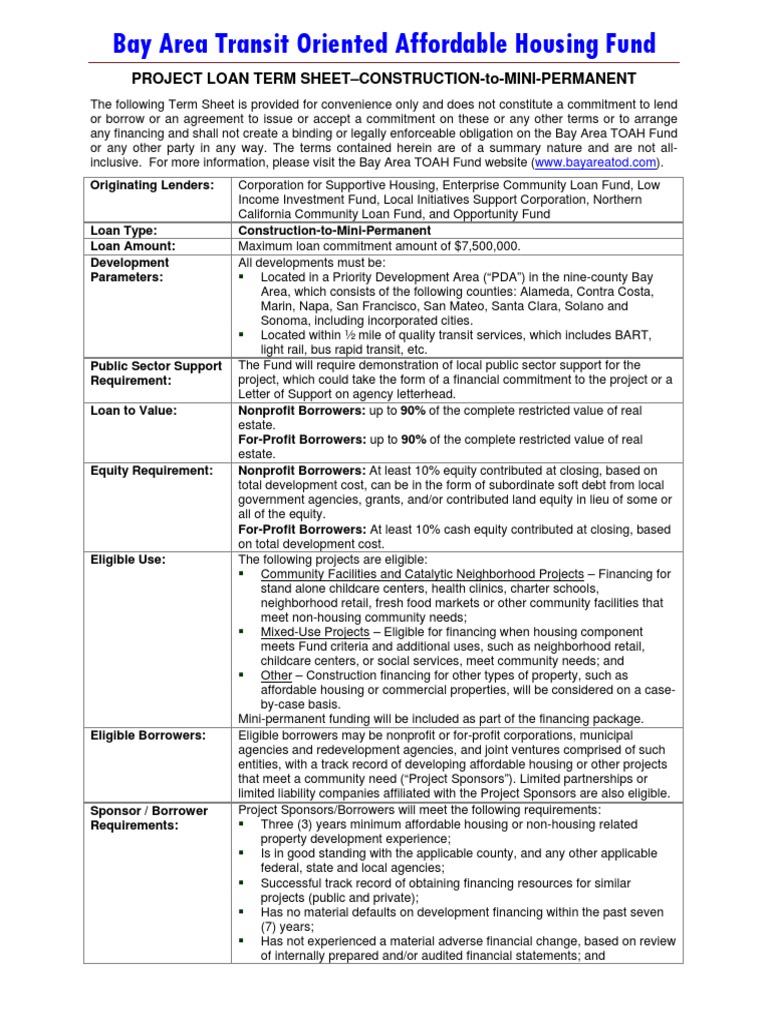 Bay Area TOAH Fund Project Loan Term Sheet Construction To Mini Perm ...