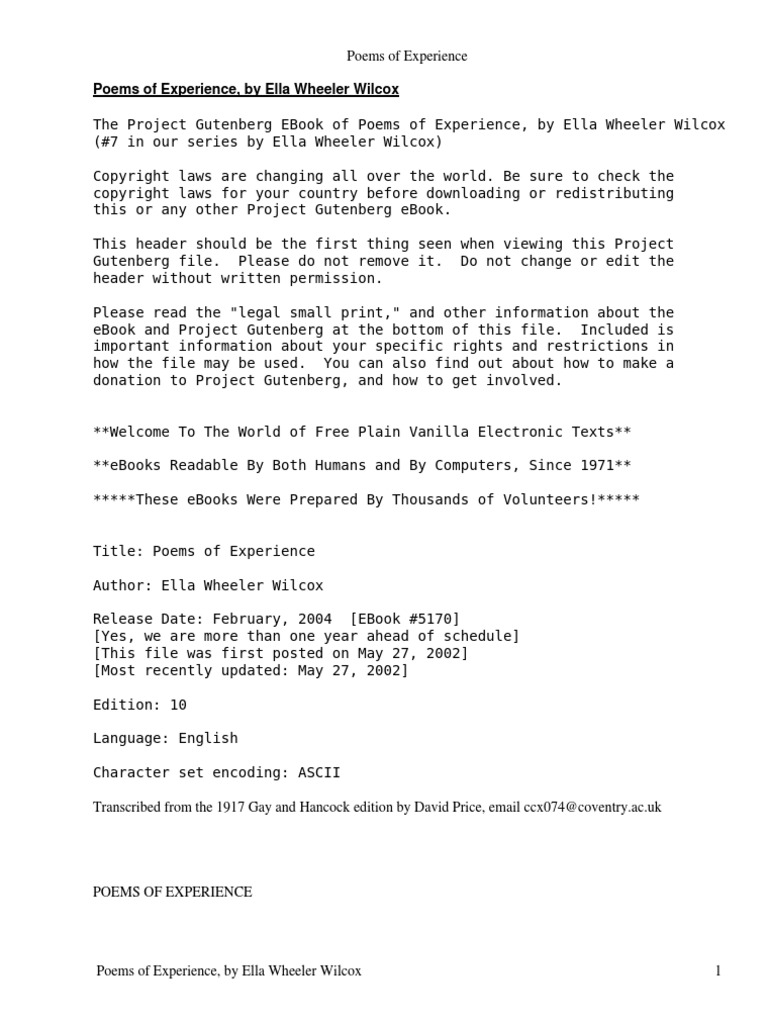 Poems of Experience by Wilcox, Ella Wheeler, 1855-1919 | PDF | Project ...