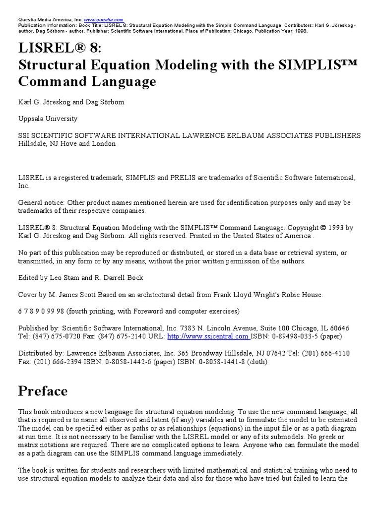 Joreskog Sorbom LISREL 8 Structural Equation Modeling With Simplis Command Language 1998 | PDF ...