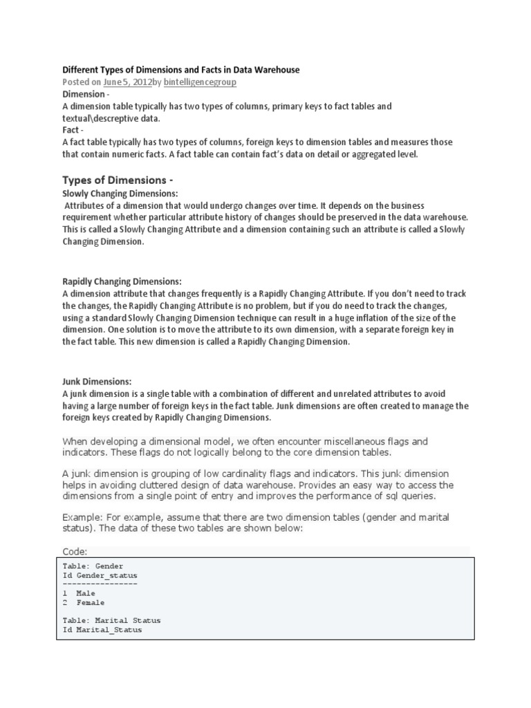 Different Types of Dimensions and Facts in Data | PDF | Data Warehouse ...