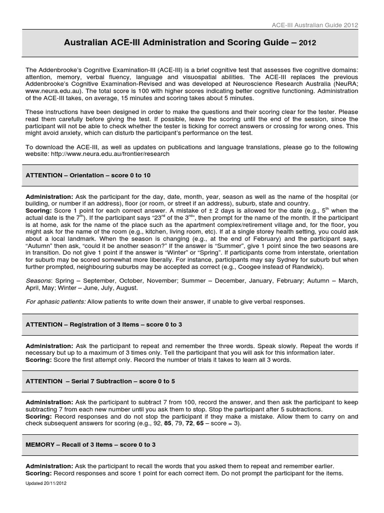 ACE-III Administration and Scoring Guide | PDF | Recall (Memory ...