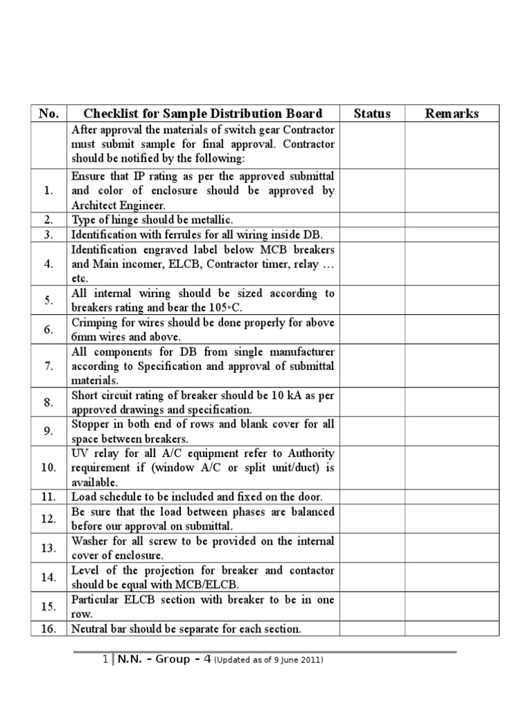 ELE - Checklist for Sample DB | Machines | Engineering