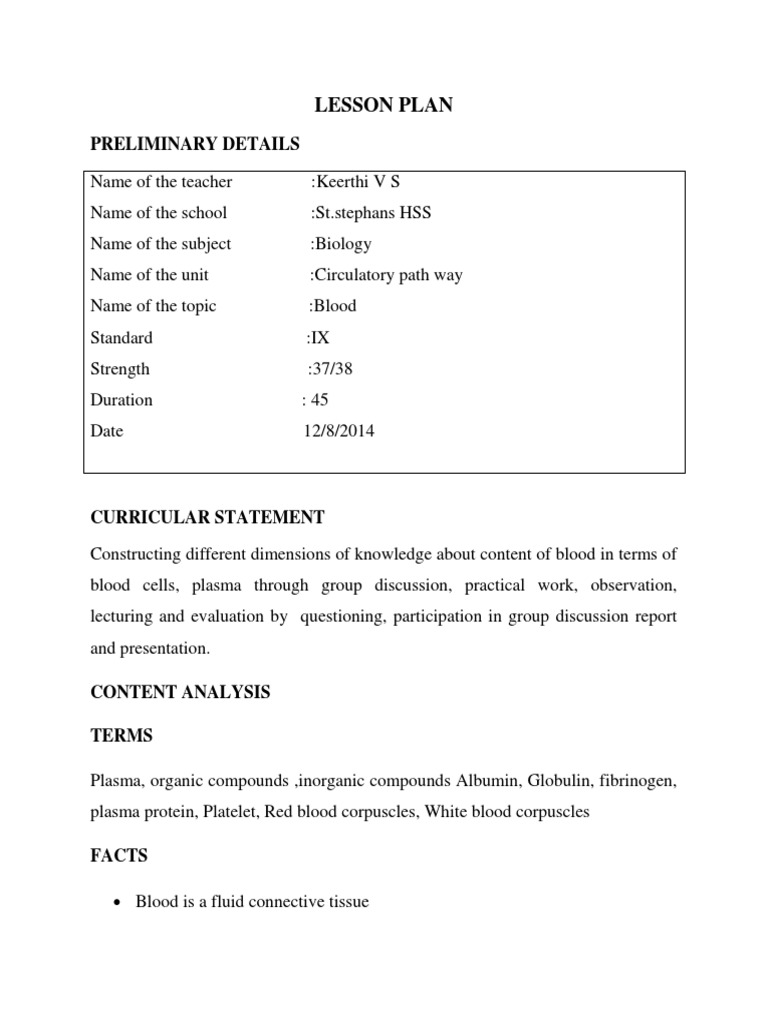 Lesson Plan | PDF | Blood Cell | Blood