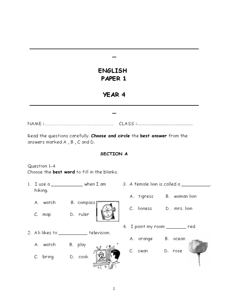 Year 4 English Paper 1: Grammar, Vocabulary, Reading Comprehension, and ...
