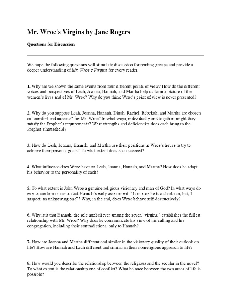 Discussion Questions for "Mr. Wroe's Virgins" | PDF | Odor | Religion ...