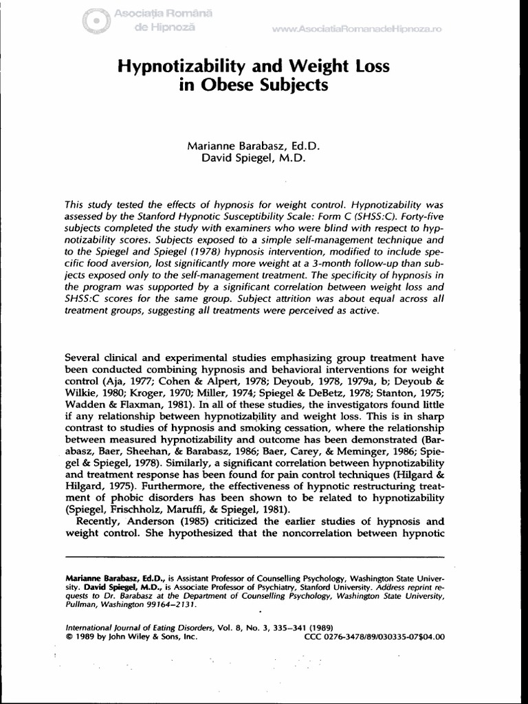 Hypnotizability and Weight Loss in Obese Subjects | PDF | Hypnosis ...