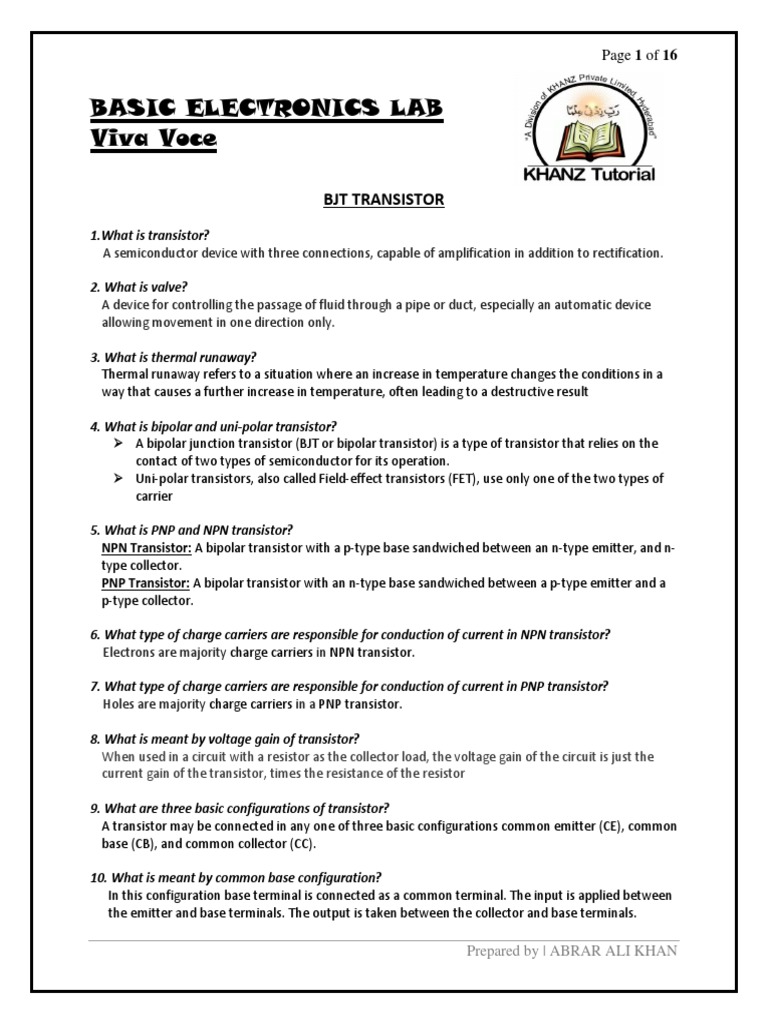Basic Electronics Lab Viva Voce | PDF | Bipolar Junction Transistor | Semiconductors