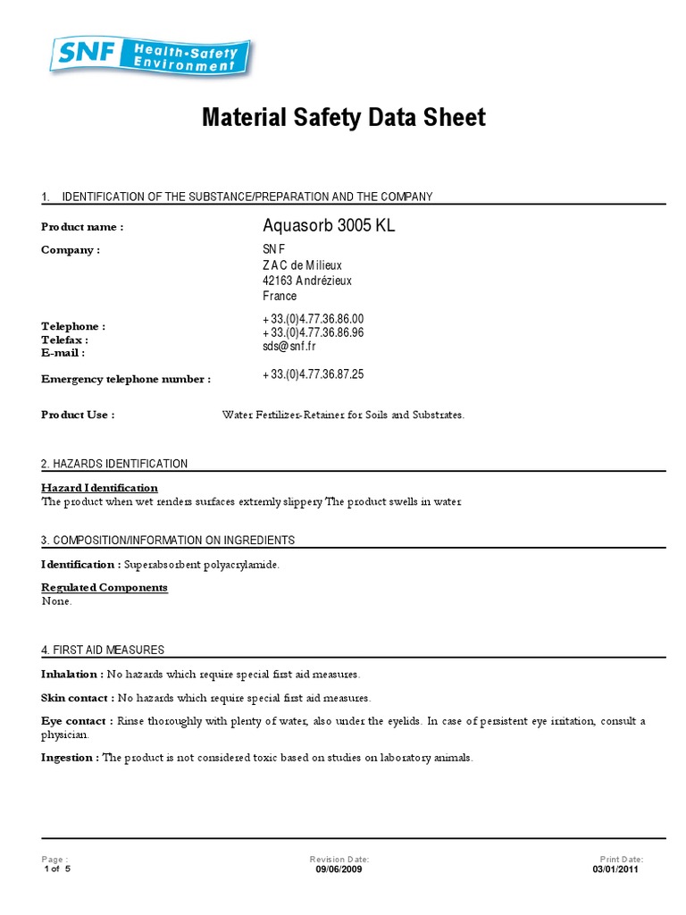 Aquasorb 3005 KL - MSDS PDF | PDF | Toxicity | Personal Protective ...