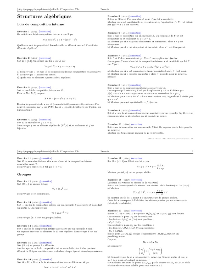 Résumé des structures algébriques | PDF | Groupe (Mathématiques) | Algèbre