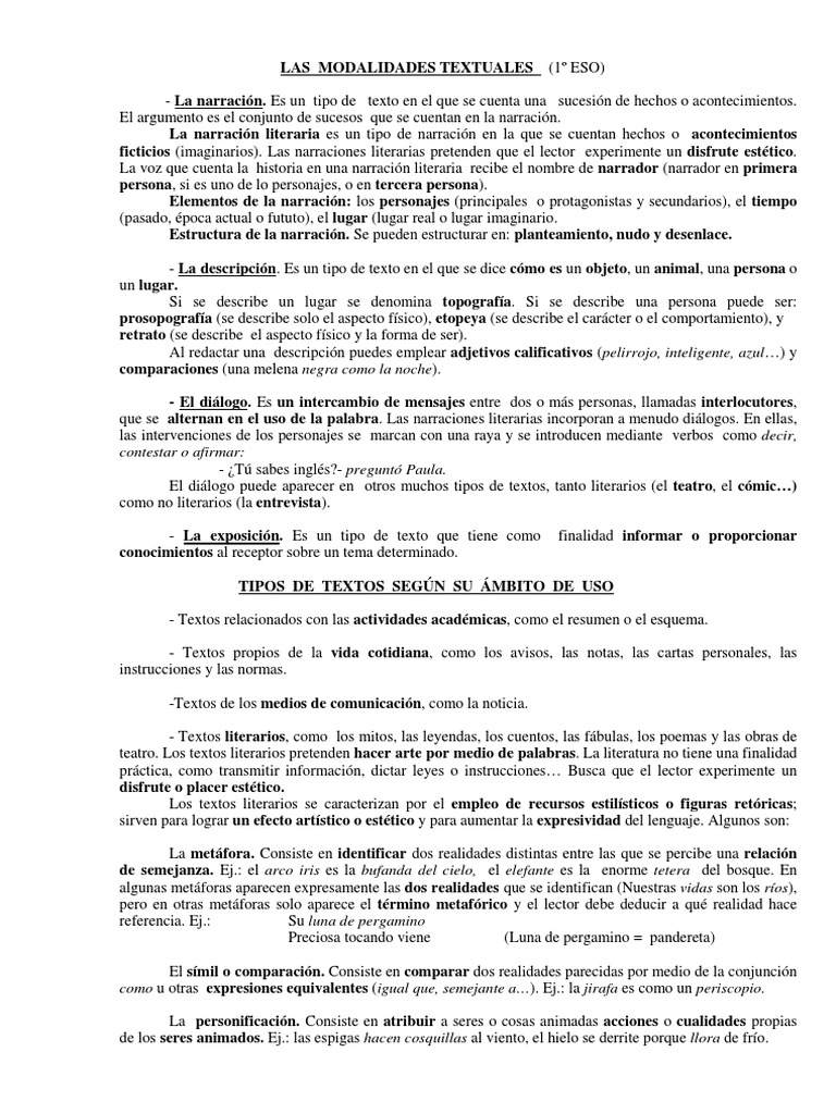 Modalidades Textuales y Géneros Literarios 1º Eso | PDF | Metro (poesía) | Poesía
