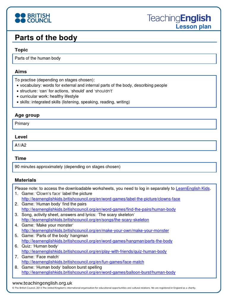 Lesson Plan - Parts of The Body | PDF | Lesson Plan | Vocabulary