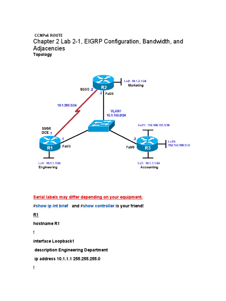 Chapter 2 Lab 2-1 EIGRP Configuration Bandwidth and Adjacencies | PDF