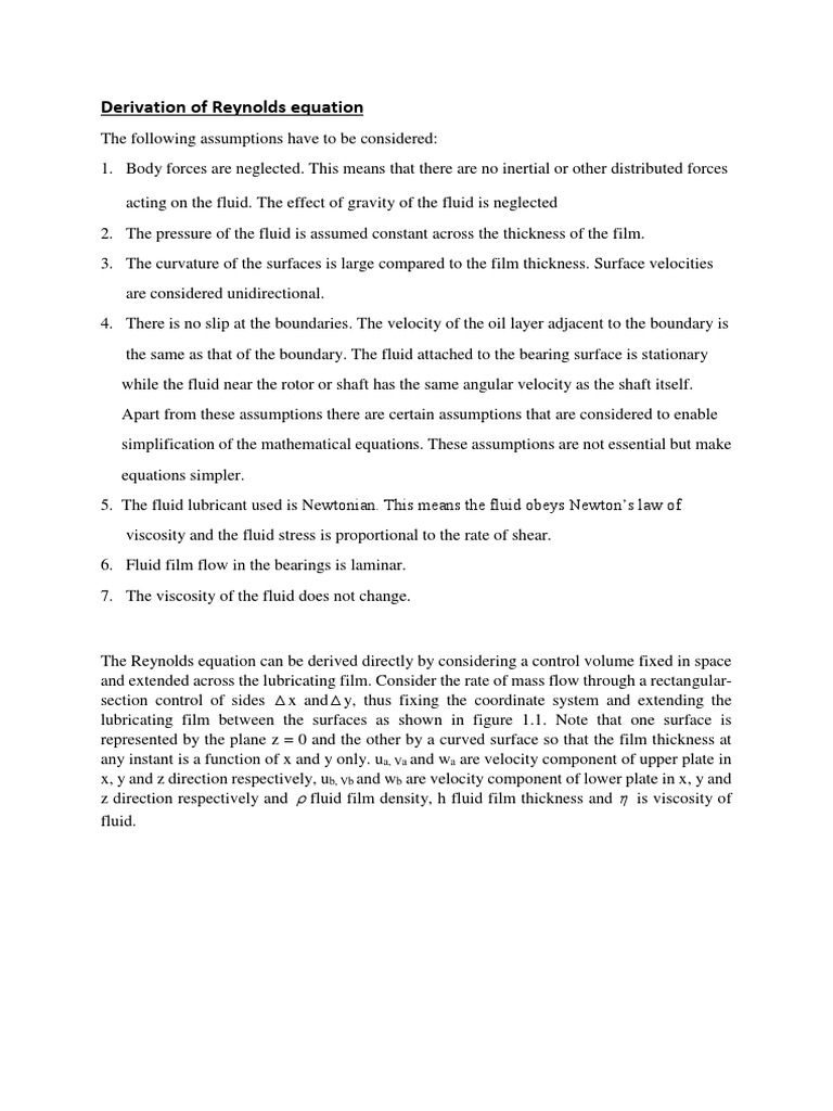 Derivation of Reynolds Equation: A, Va A B, VB B | Download Free PDF ...