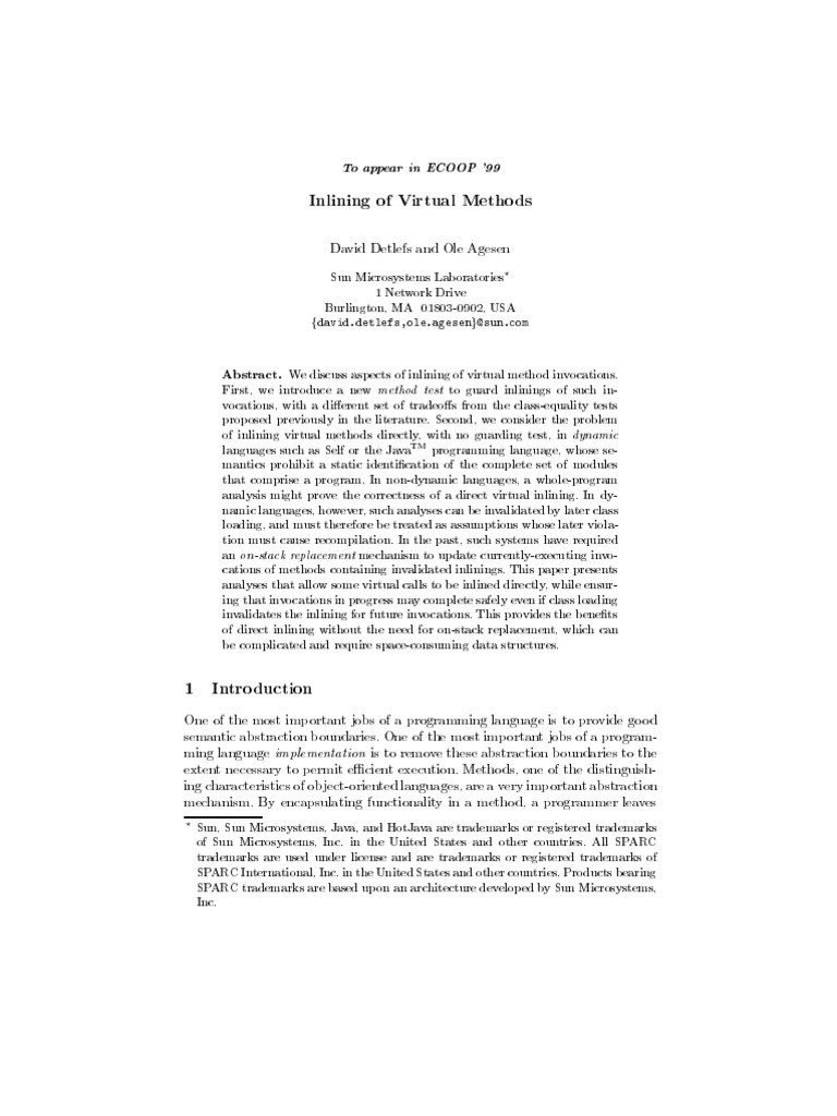 Inlining of Virtual Methods: Abstract | PDF | Method (Computer Programming) | Class (Computer ...
