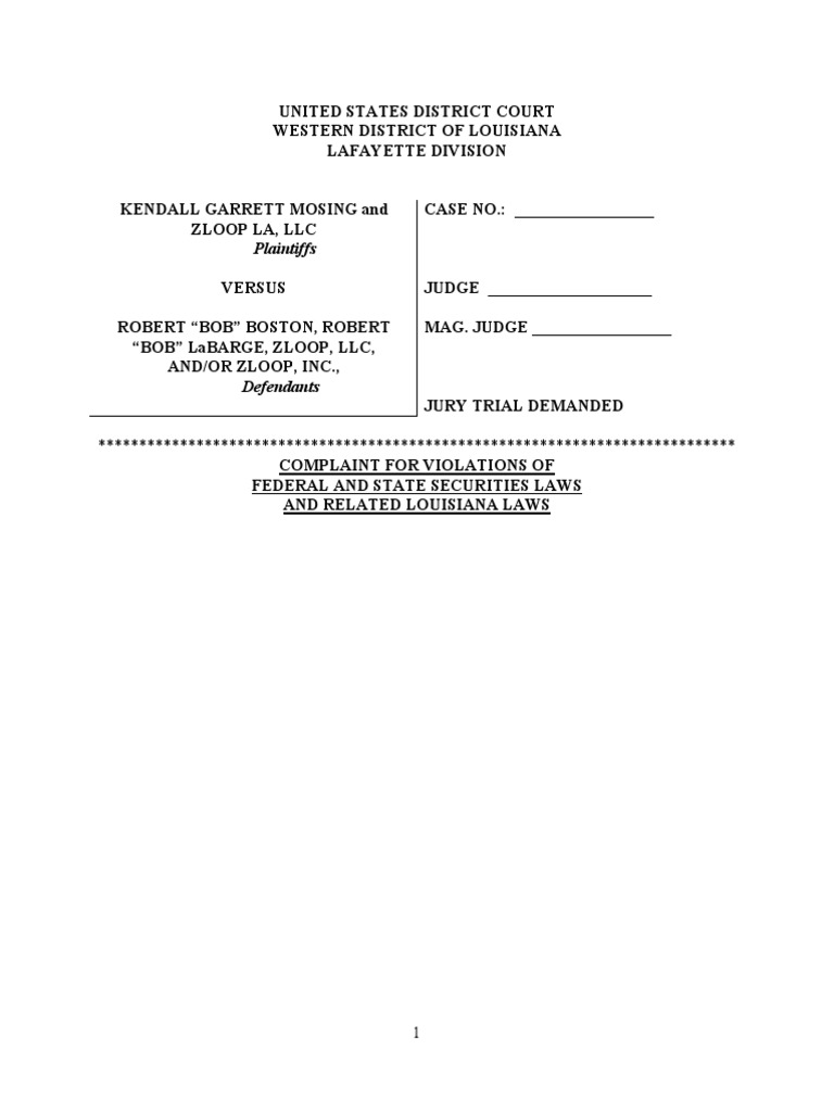 Mosing V ZLOOP Lawsuit Original Complaint | PDF | Franchising | Sec ...