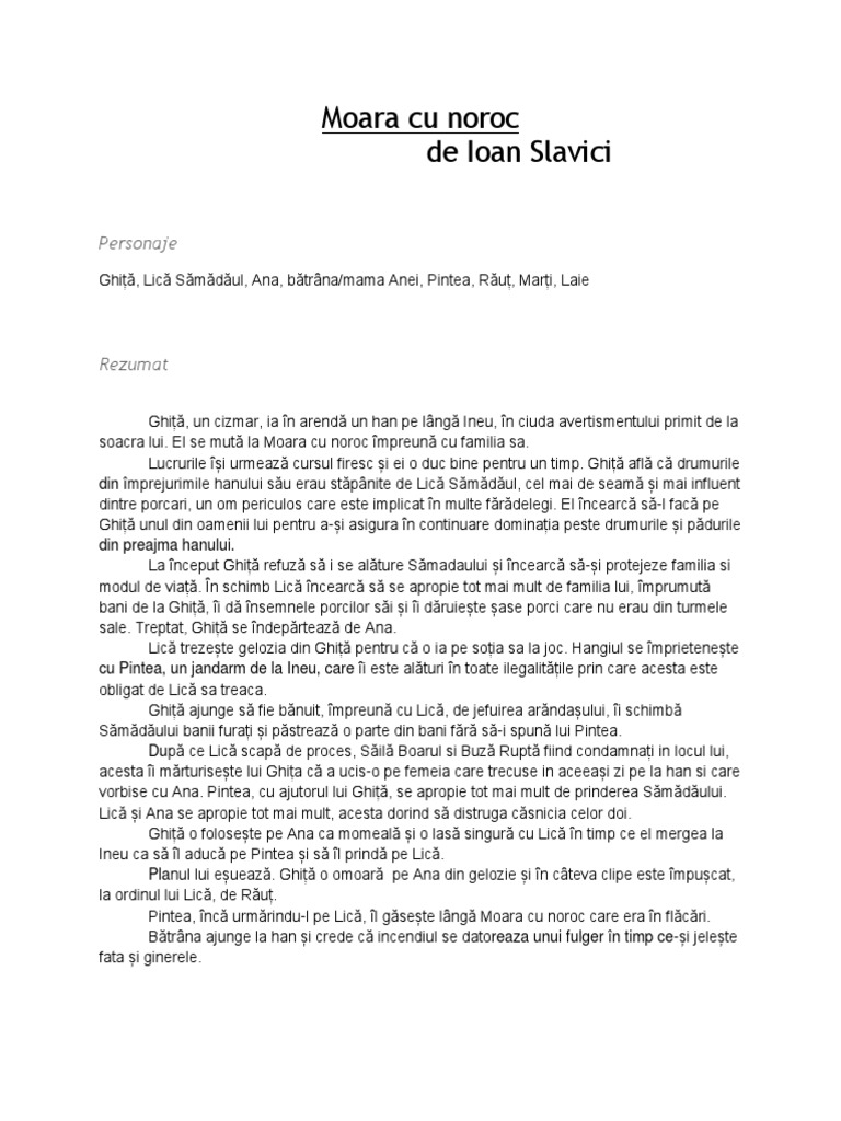 Moara Cu Noroc-Fisa de Lectura | PDF