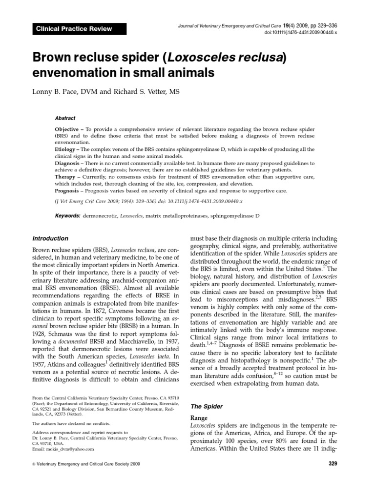 Brown Recluse Spider Envenomation in Small Animals: Loxosceles Reclusa ...