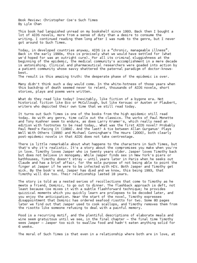 Christopher Coe: Such Times (Book Review) | PDF | Hiv/Aids