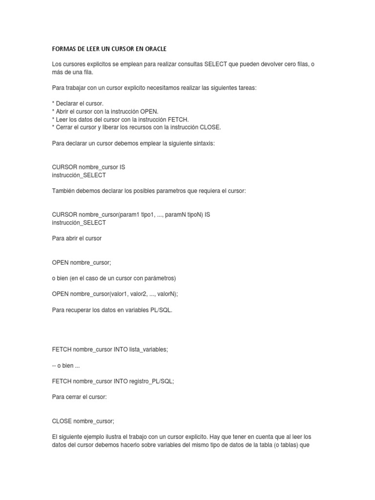Cómo trabajar con cursores explícitos en Oracle PL/SQL | PDF | Bases de ...
