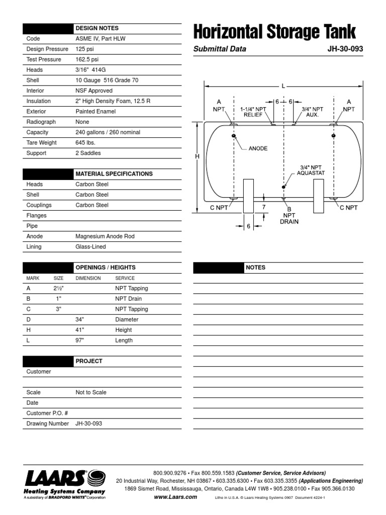 Horizontal Storage Tank: Submittal Data | PDF | Pipe (Fluid Conveyance ...