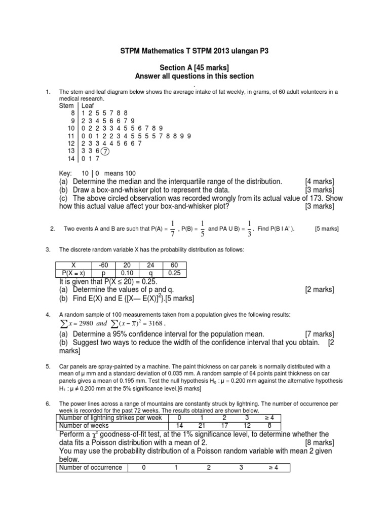 STPM Paper 3 2013t (U) | PDF | Statistical Significance | Mean