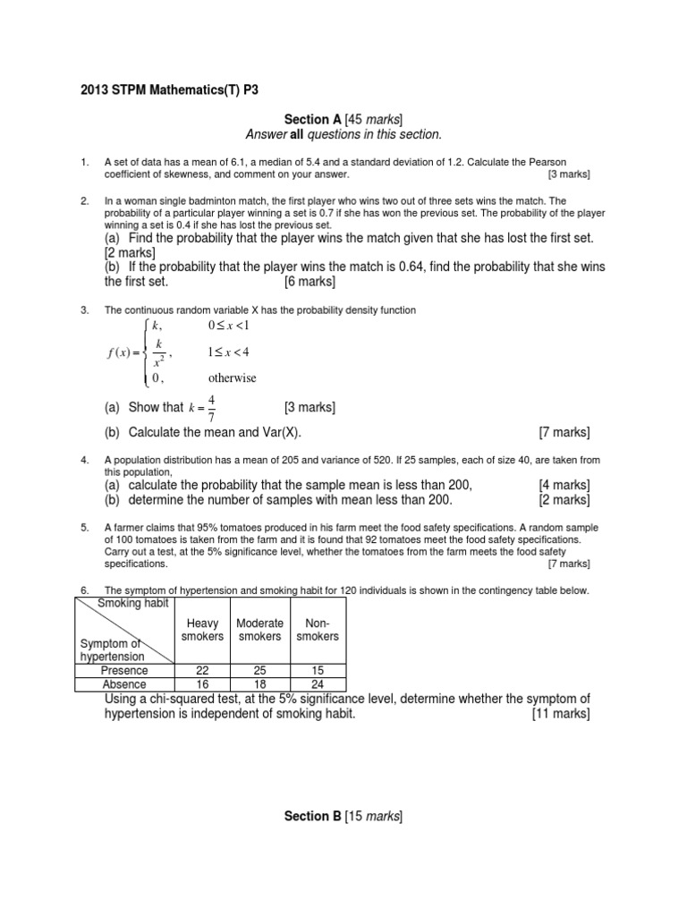 STPM Mathematics Paper 3 2013T | PDF | Mean | Variance