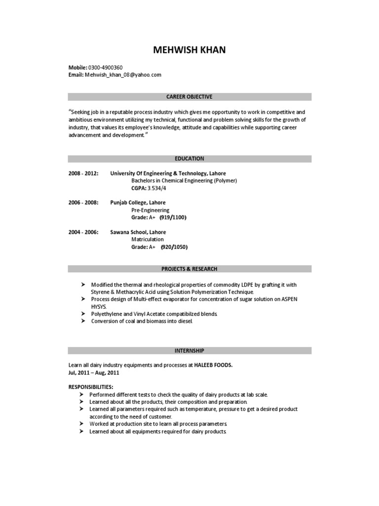 Mehwish CV | PDF | Plastic | Engineering