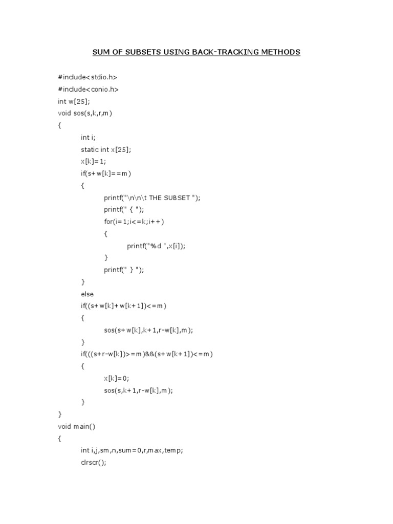 Sum of Subsets Using Back Viva | PDF