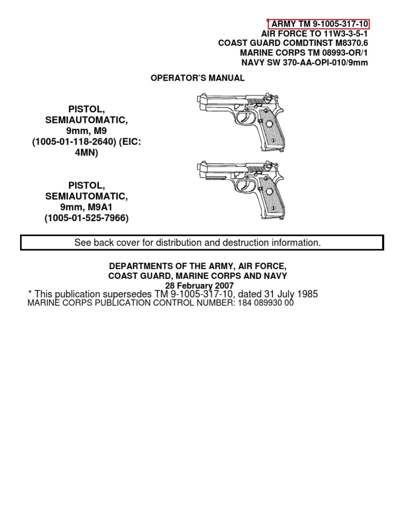 M9 Pistol Operator's Manual | PDF | Trigger (Firearms) | Cartridge ...