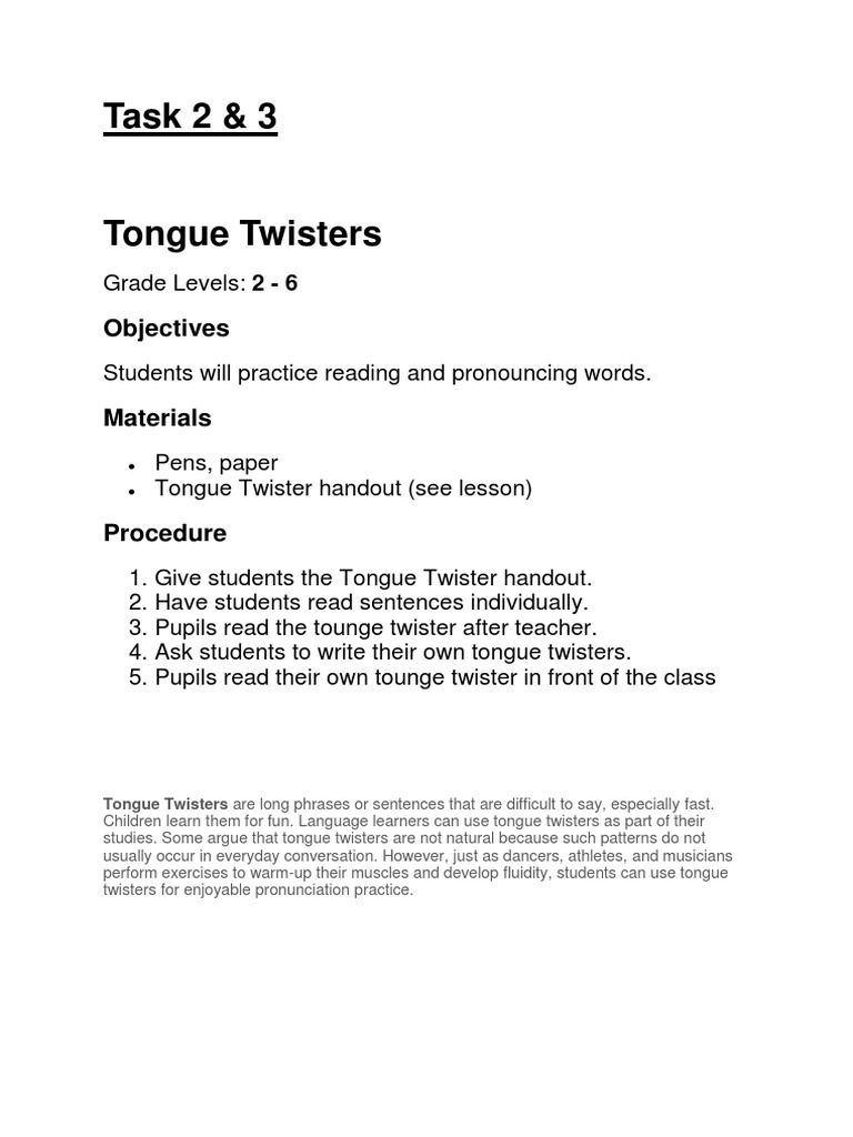 Tongue Twisters | PDF | Speech | Tongue
