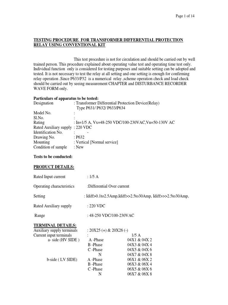 p632 Testing Procedure of Tranformer Diffrential Protection | PDF ...