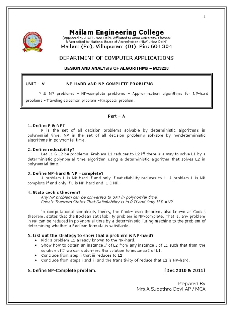 DAA Unit - V | PDF | Computational Problems | Algorithms And Data Structures