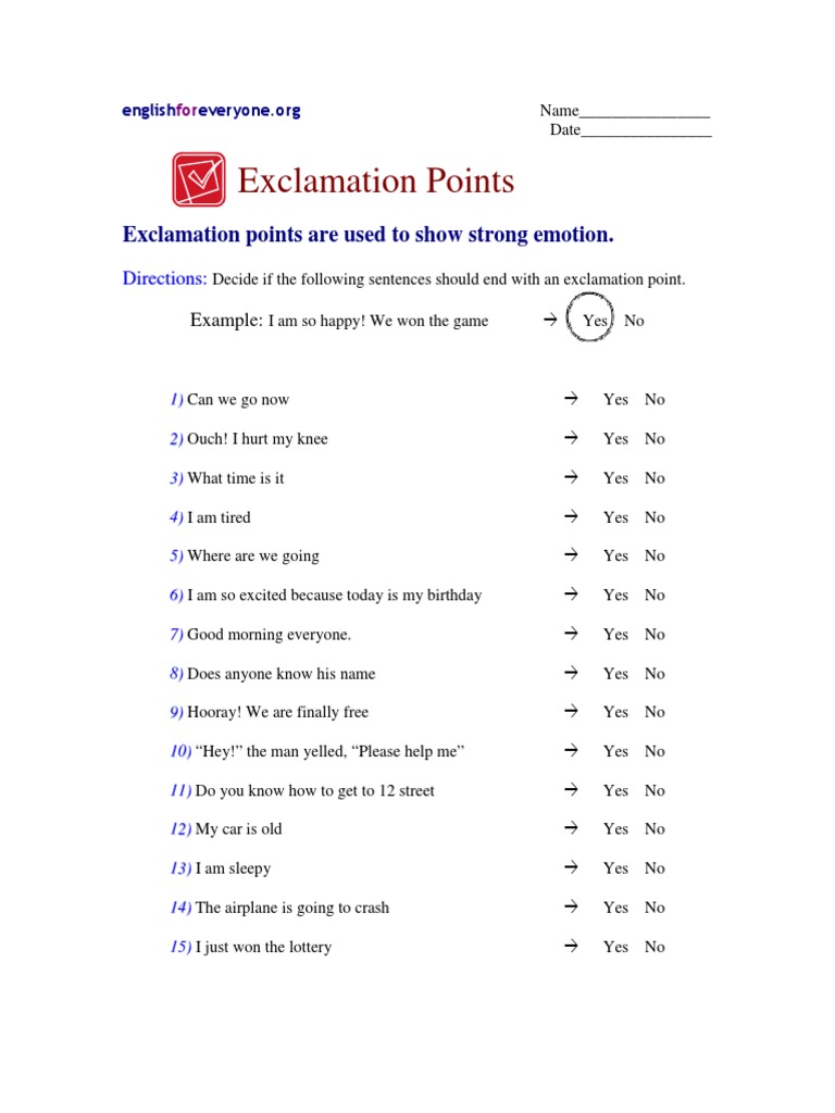 Exclamation Points Worksheet for Grade 3 | PDF | Language Arts & Discipline