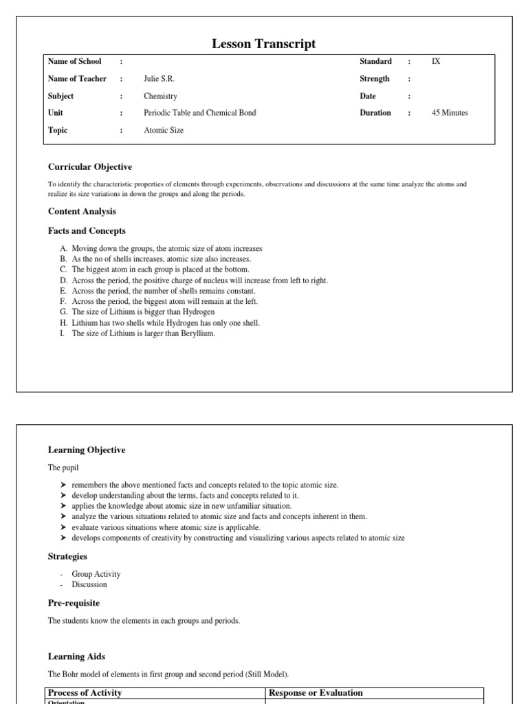 Lesson Plan | Atoms | Periodic Table