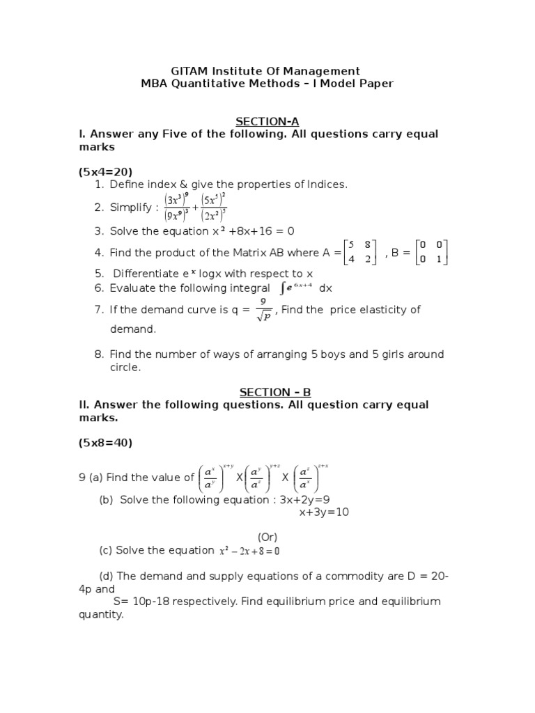 GITAM Institute of Management MBA Quantitative Methods - I Model Paper | PDF | Economics ...