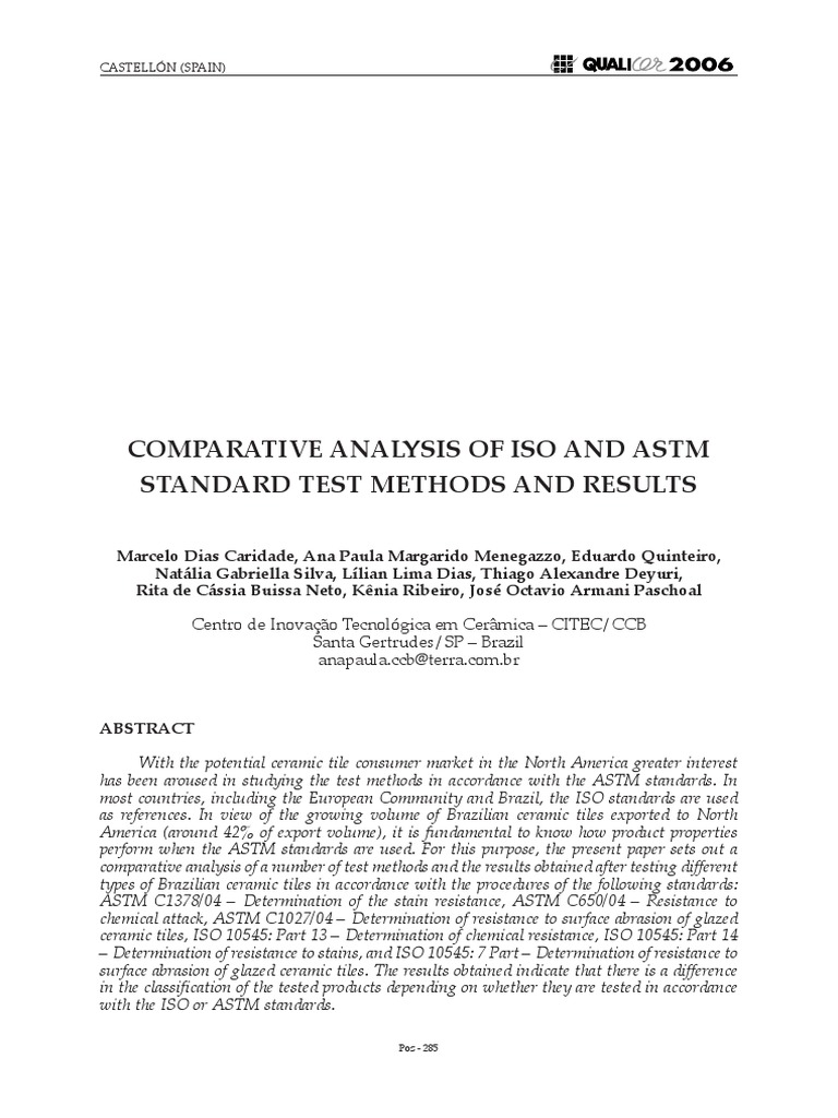 Comparative Analysis of Iso and Astm Standard Test Methods and Results ...