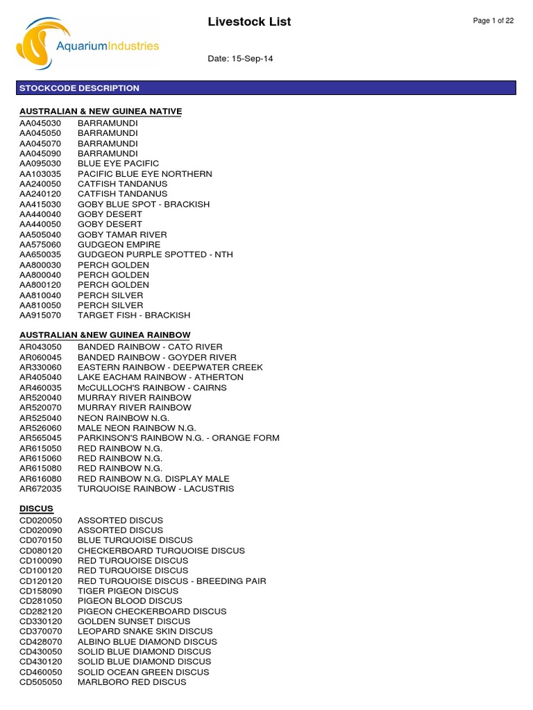 Australian Fish Livestock List | PDF | Shrimp | Peafowl