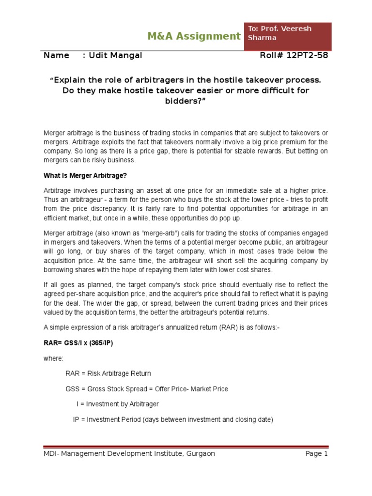 Merger Arbitrage - Assignment | PDF | Arbitrage | Takeover